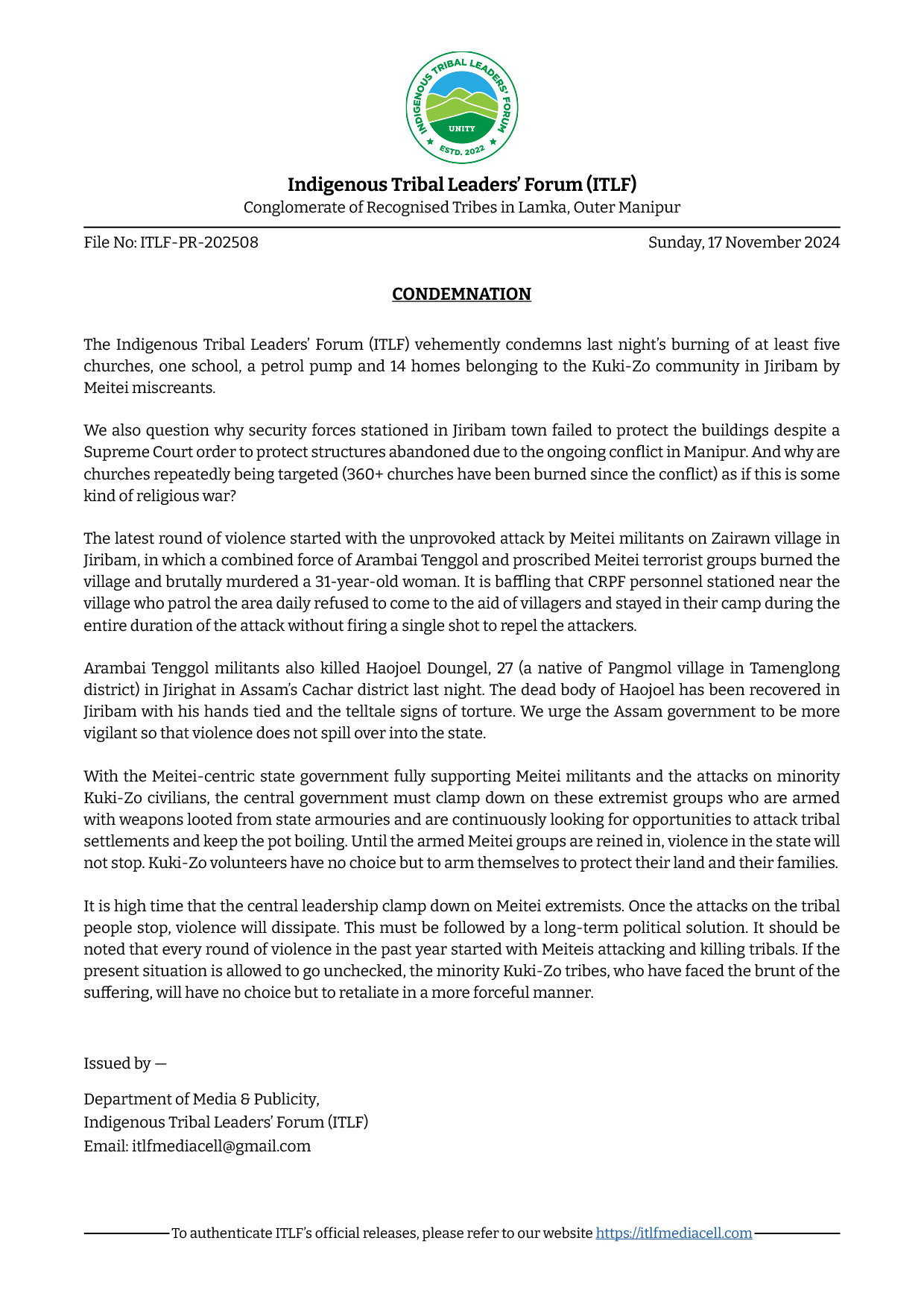 Condemnation - 17 November 2024 - ITLF